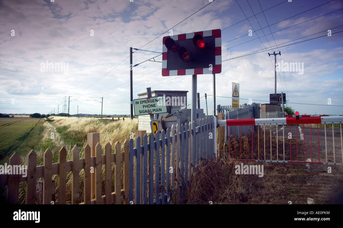 English or British railway level crossing and barrier red stop warning ...