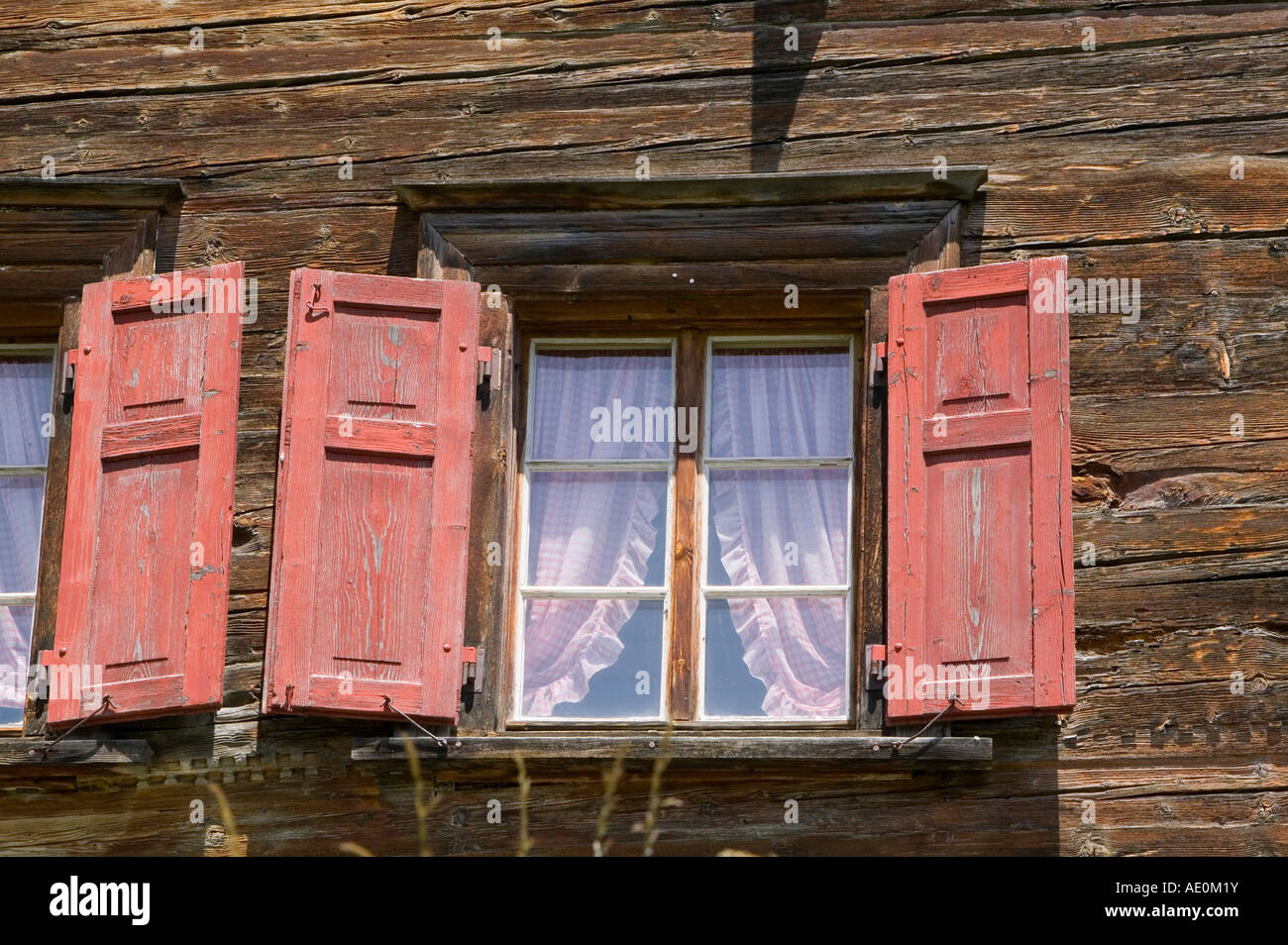 windows and shutter on a traditional Swiss farm house in Flimms Stock ...