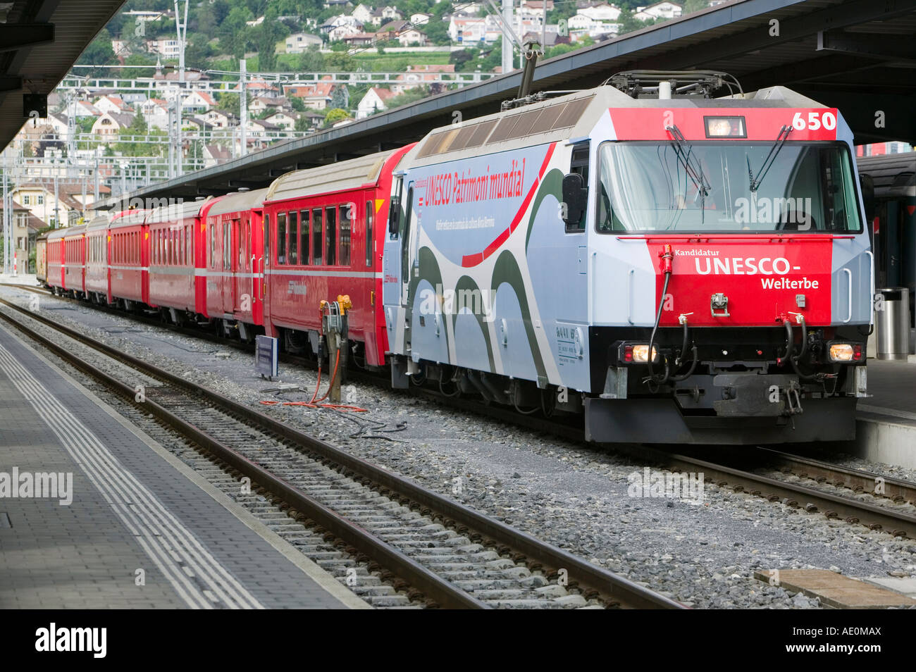 the Bernina Express train in Switzerland from Chur to Tirano in Italy ...