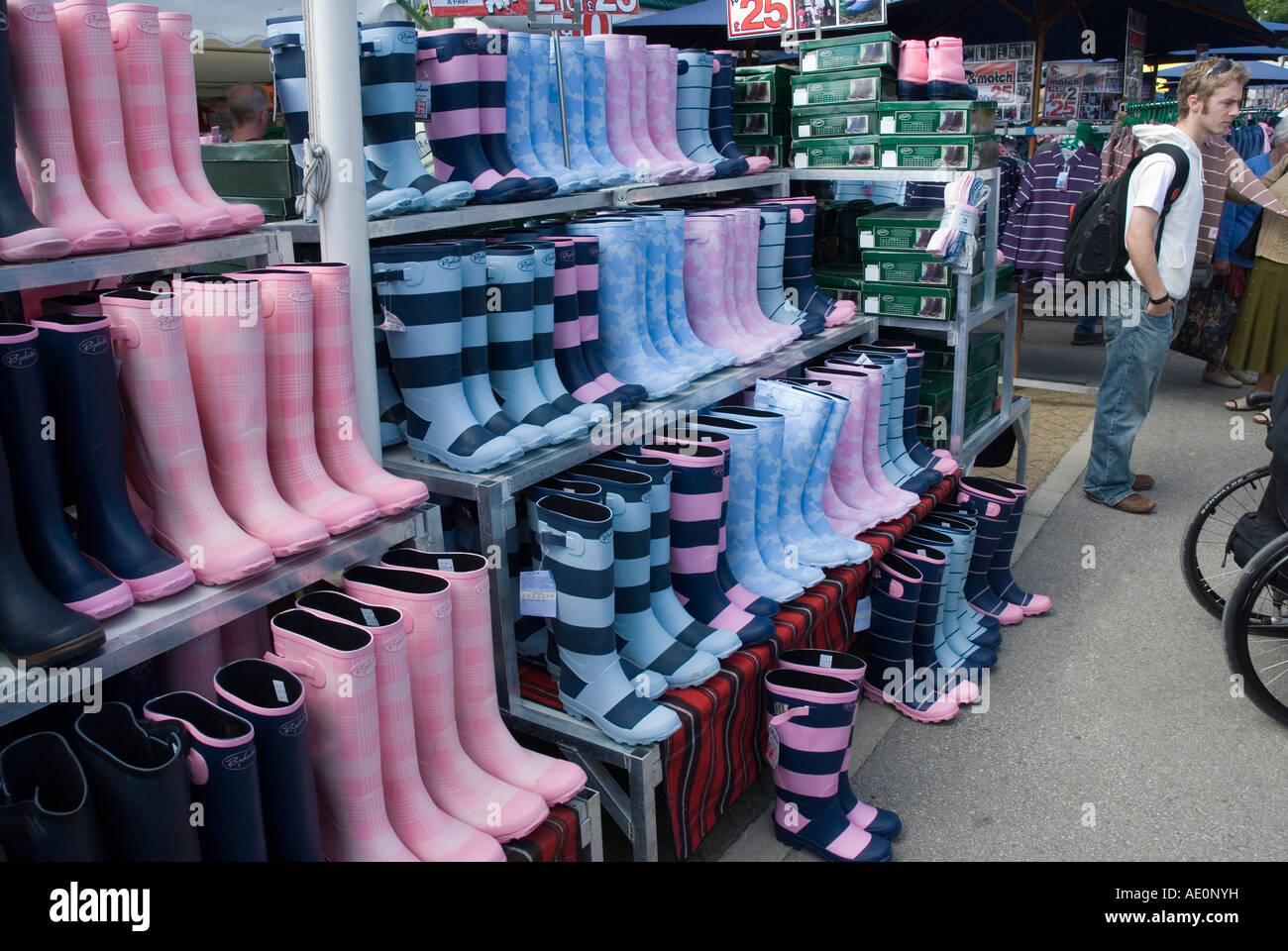 Stall selling Wellington boots with different colours and designs at ...