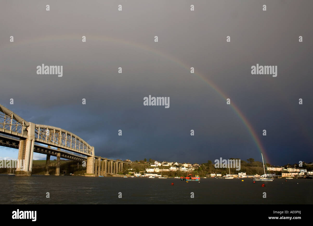 rainbow over the river tamar bridges rail bridge to foreground Stock ...