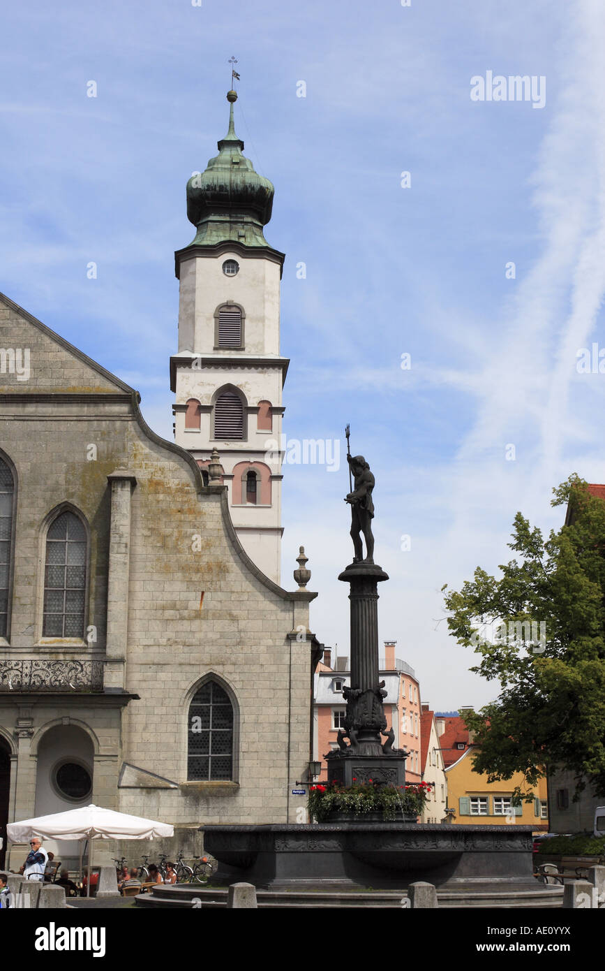 Lindau Marktplatz with statue of Neptune and church tower behind Main ...