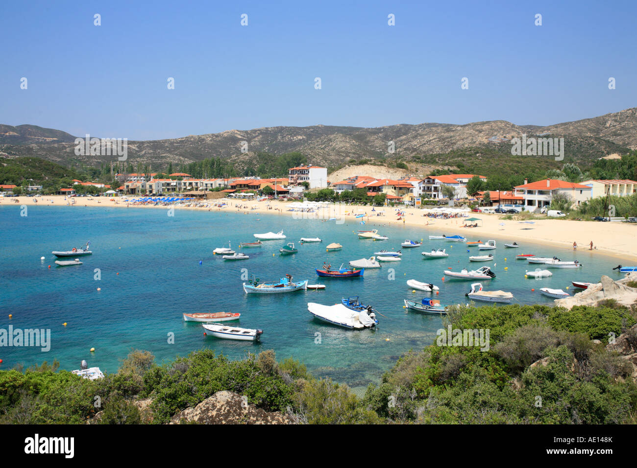 boats in the natural bay of Kalamitsi on Sithonia Peninsula on the ...