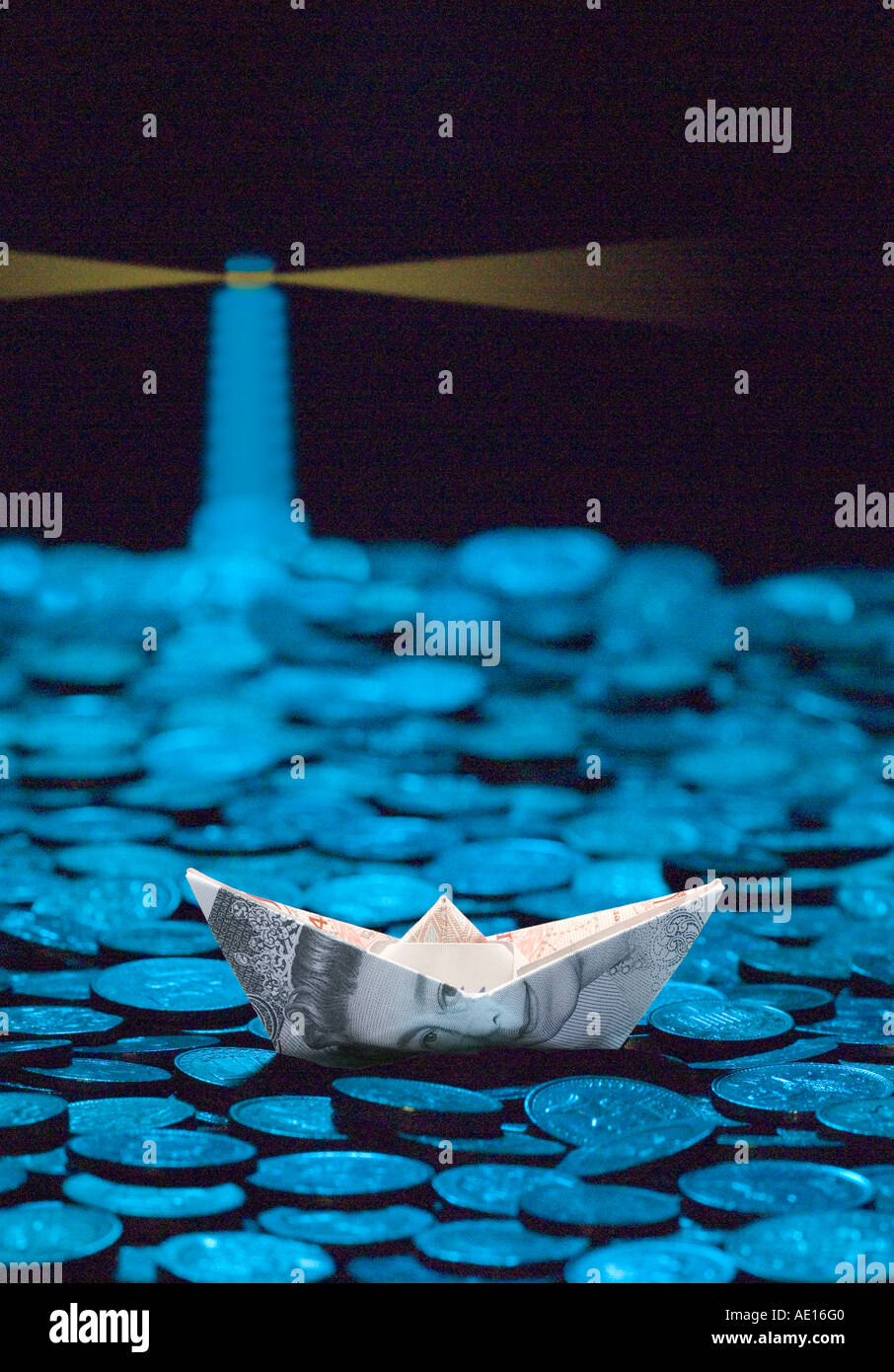 £50 50 pound note paper boat floating on sea of English British UK ...