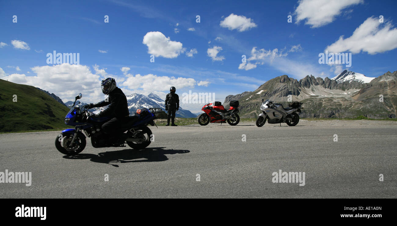 Motorcycles on alpine pass in French Alps Stock Photo - Alamy