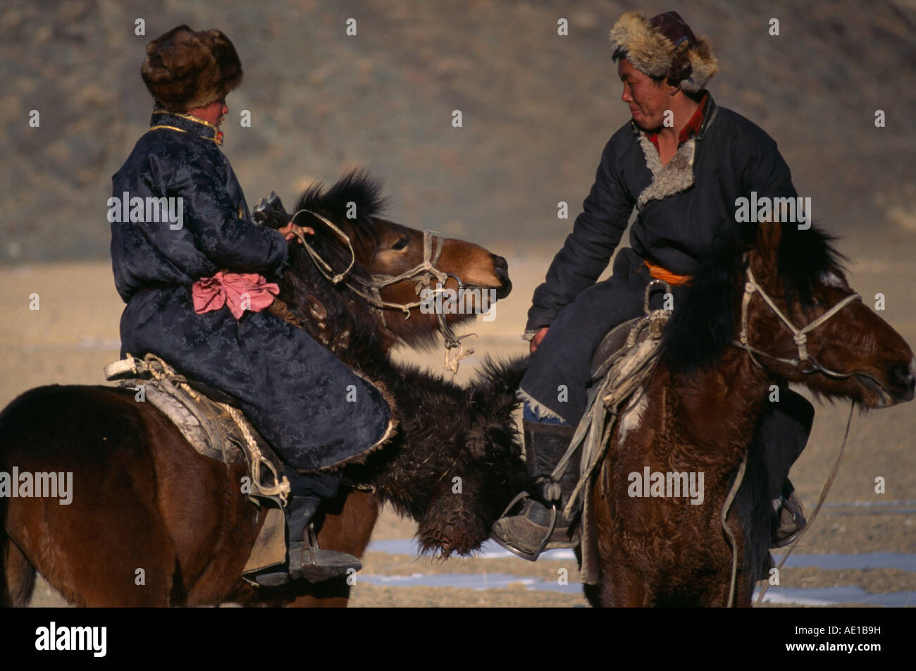 MONGOLIA Bayan Olgi Province Kazakh nomad horsemen playing Bozkashi at ...
