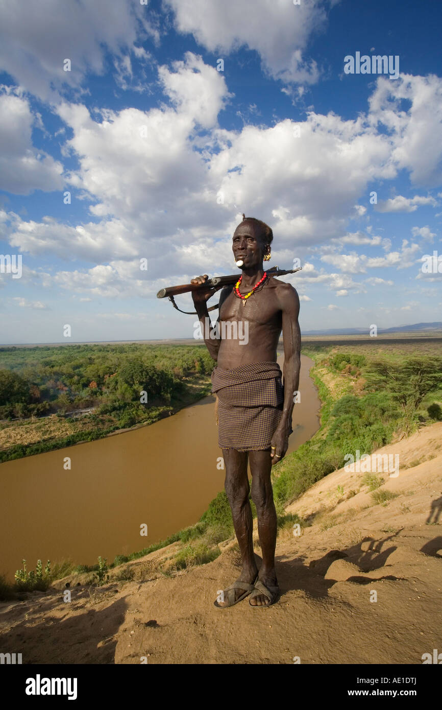 Karo Tribesman standing in front of the Omo river Lower Omo Valley ...