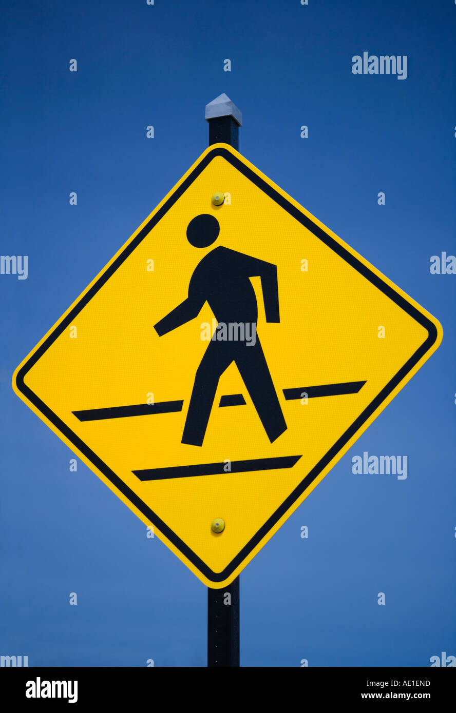Yellow and black pedestrian crossing sign against a blue background ...
