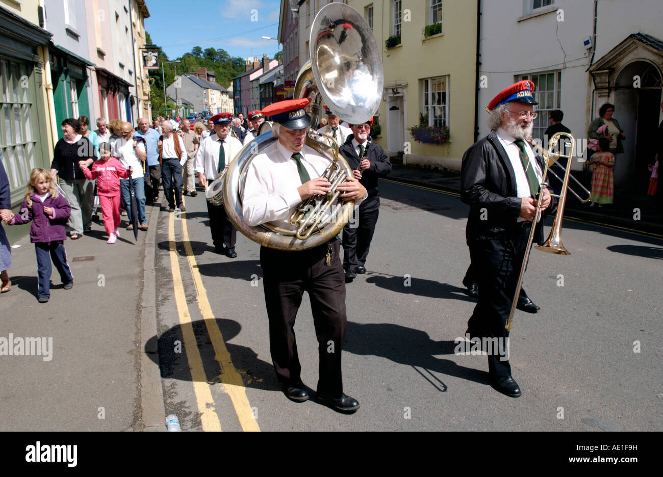 Adamant Jazz Band march in the street at Brecon Jazz Festival Powys ...
