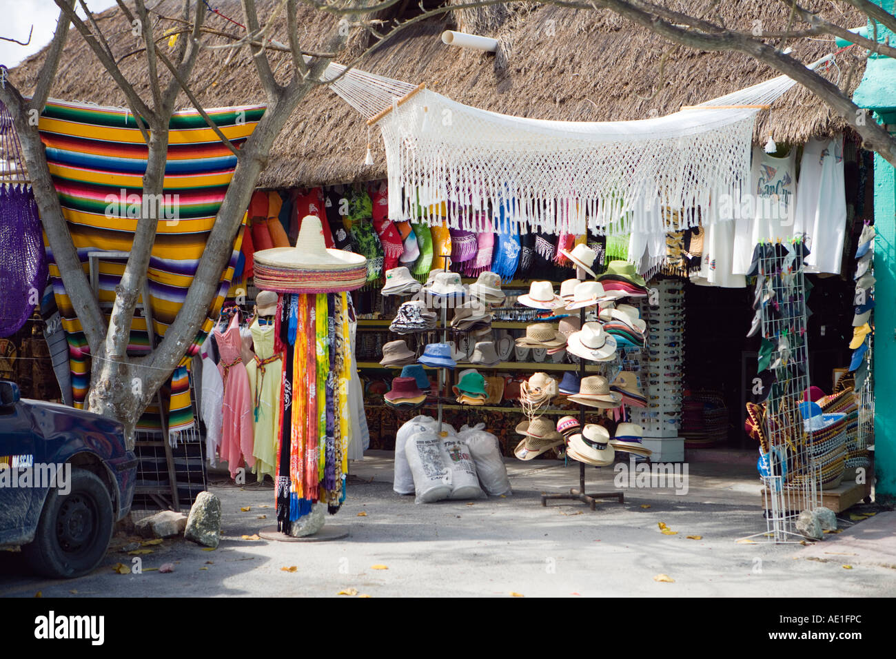 Various wares at a stall shop at the Marketplace at the Mayan Ruins of ...