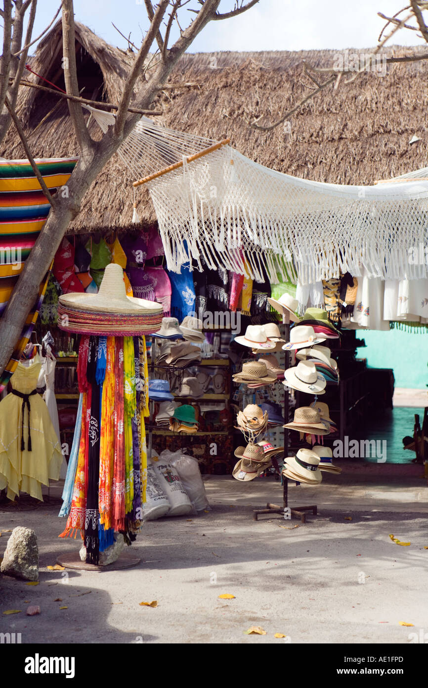 Various wares at a stall shop at the Marketplace at the Mayan Ruins of ...