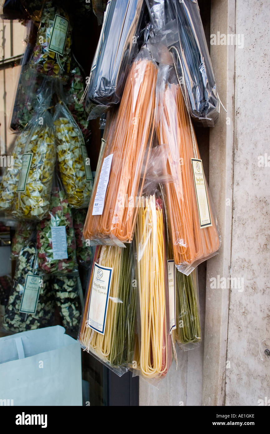 Coloured colored pasta hanging outside shop in Rome Italy Stock Photo ...