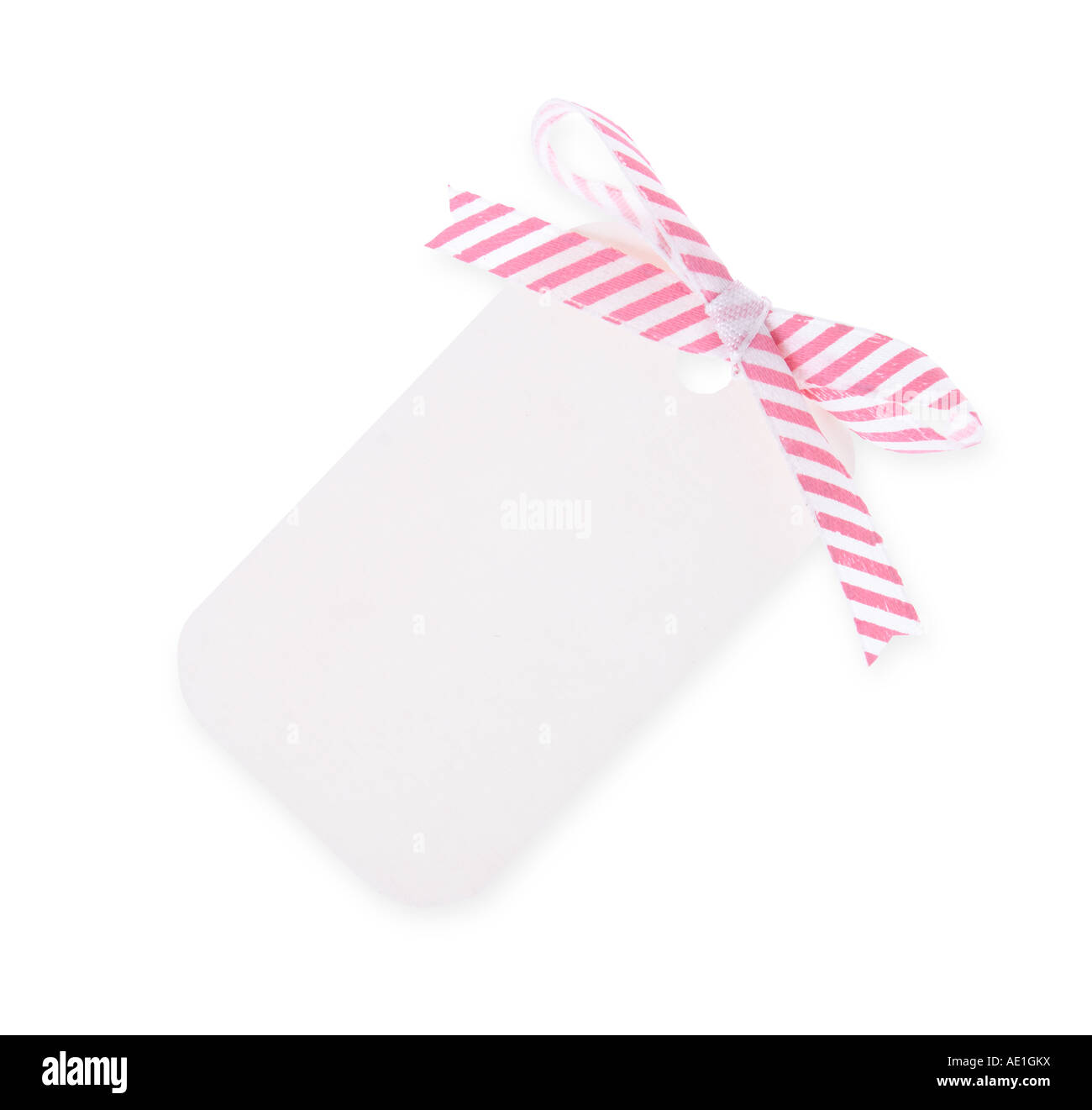 white gift tag with diagonal satin ribbon bow on white background with ...