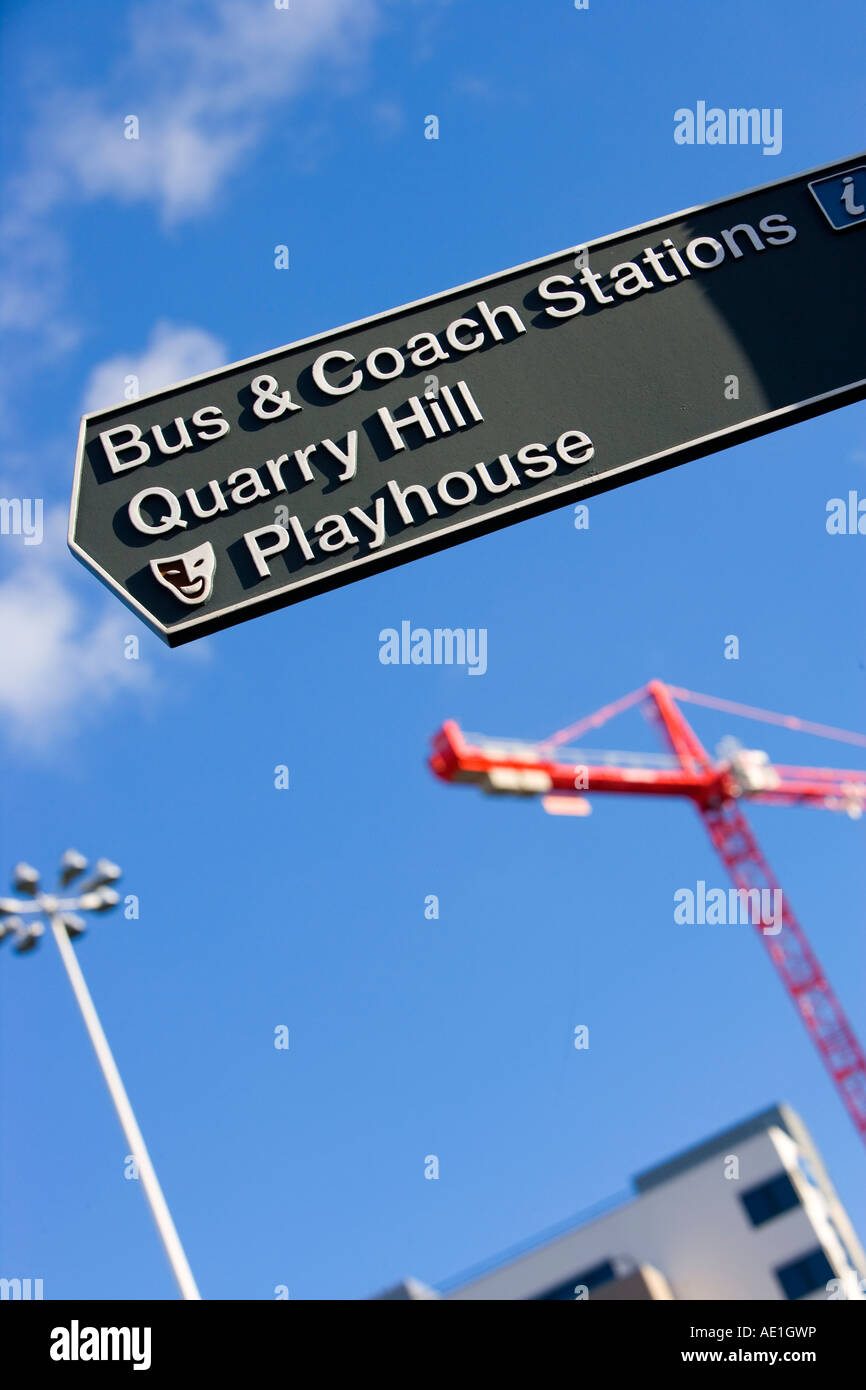 City centre sign with red crane in background blue sky Stock Photo - Alamy