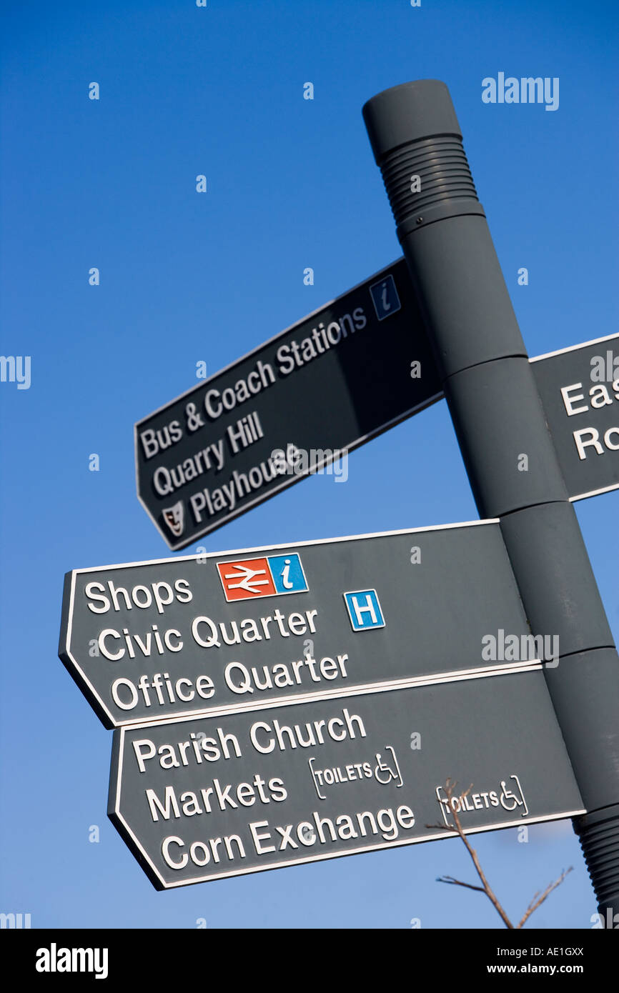 City centre signs in Blue sky Stock Photo - Alamy
