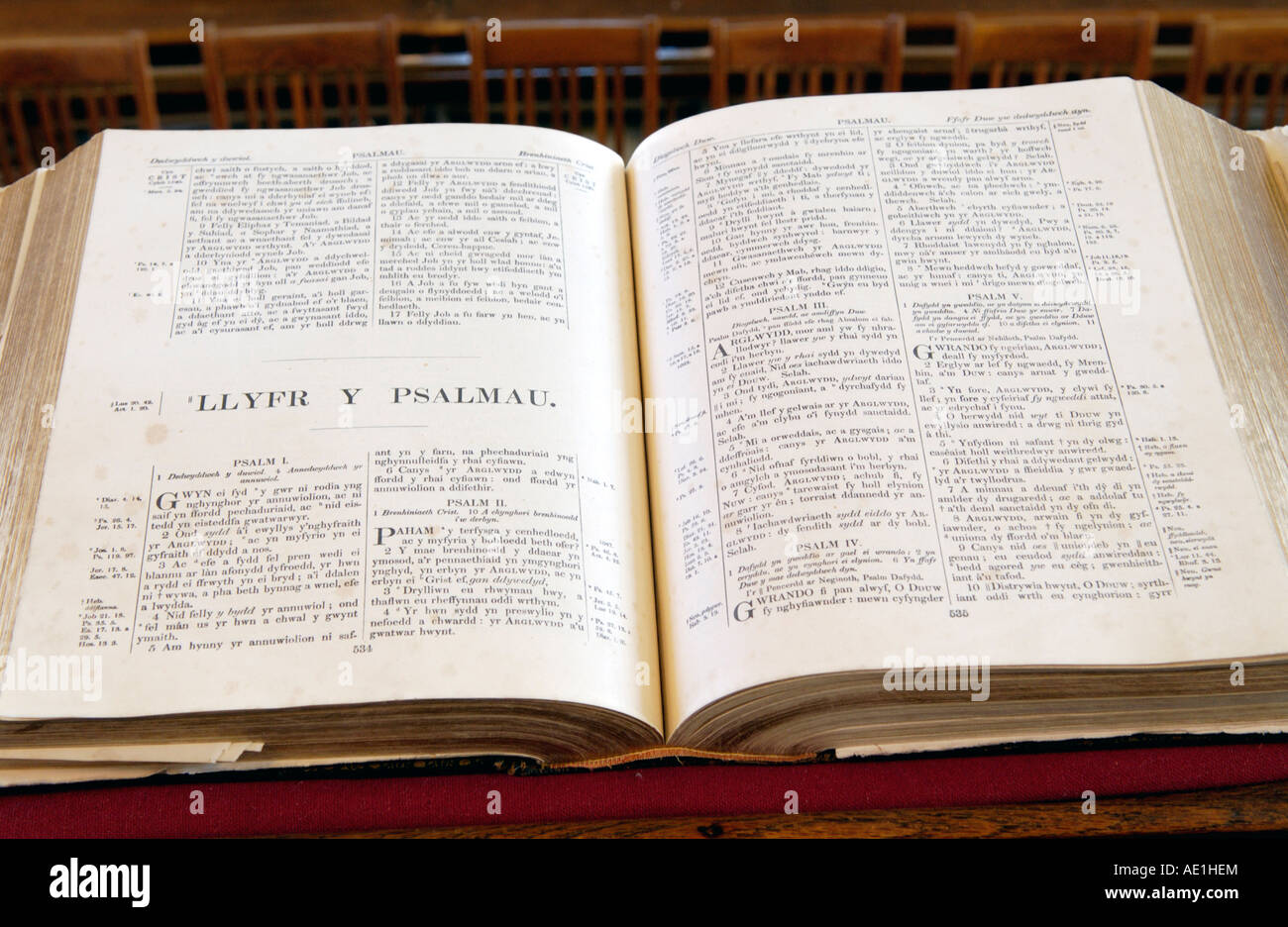 Old Welsh bible open at The Psalms in redundant Grade II* listed ...