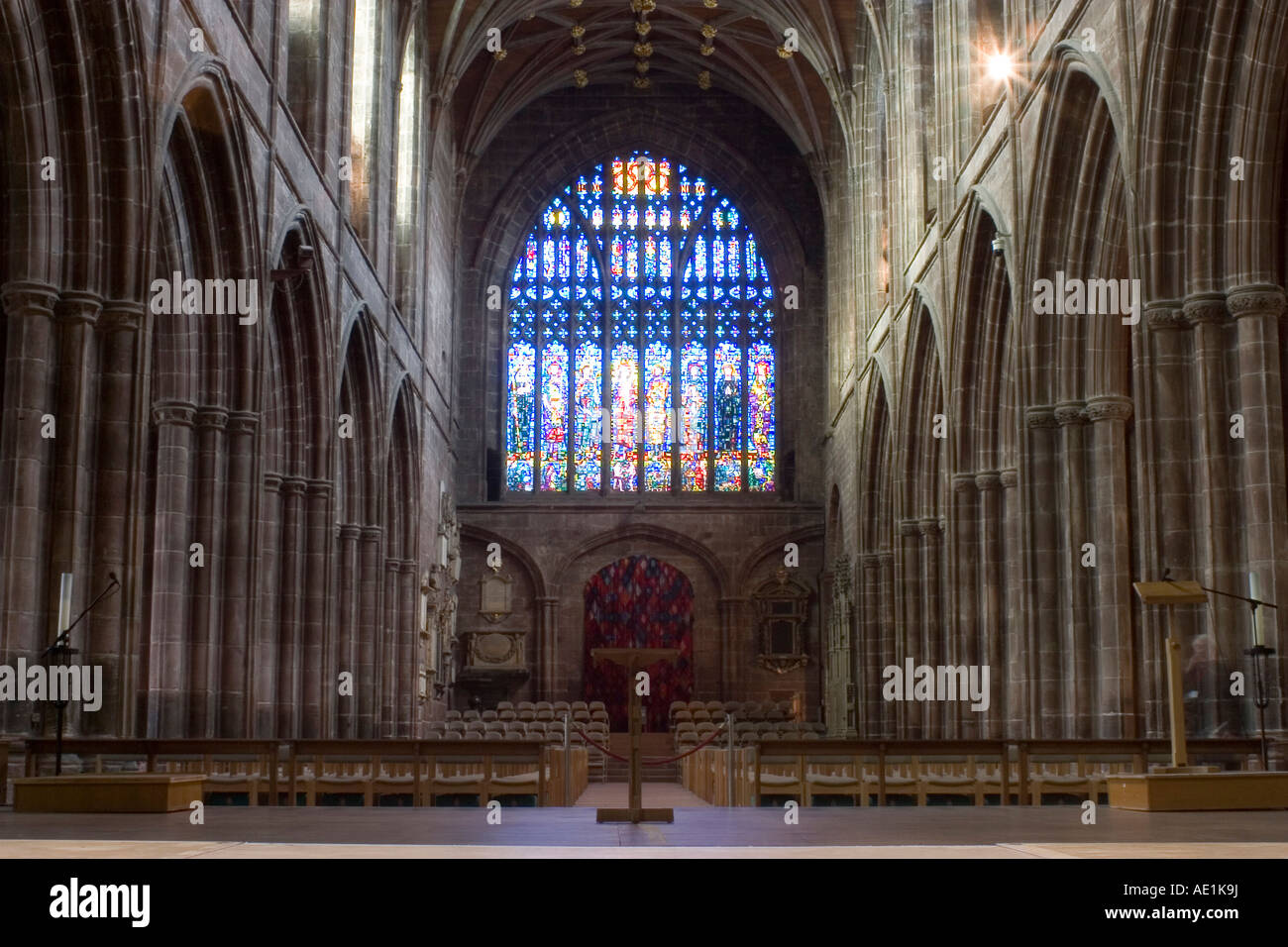 Vaulted decorative ceiling and stained glass window of Chester ...