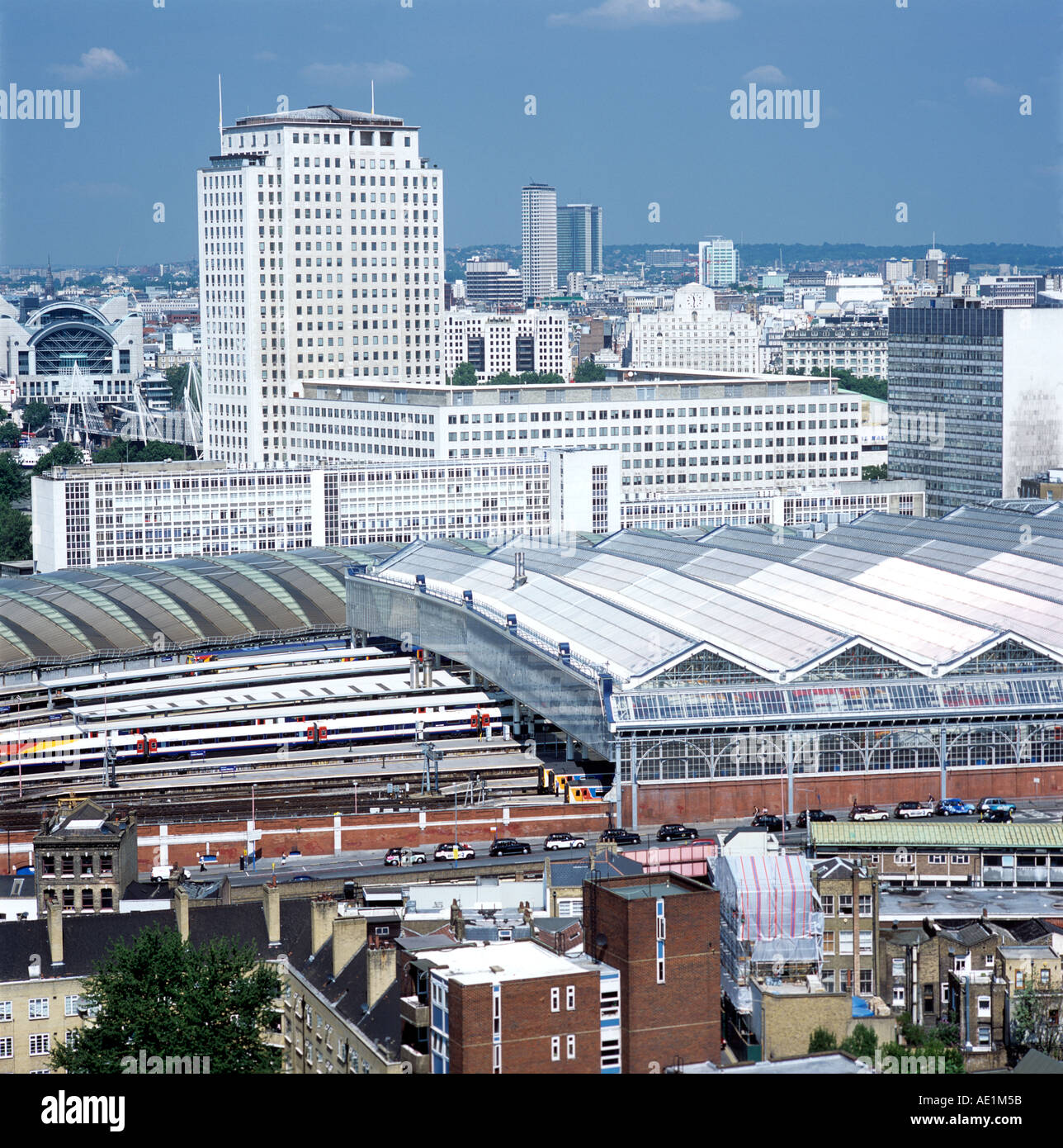 view over Waterloo Bridge and the Shell centre showing train sheds and ...