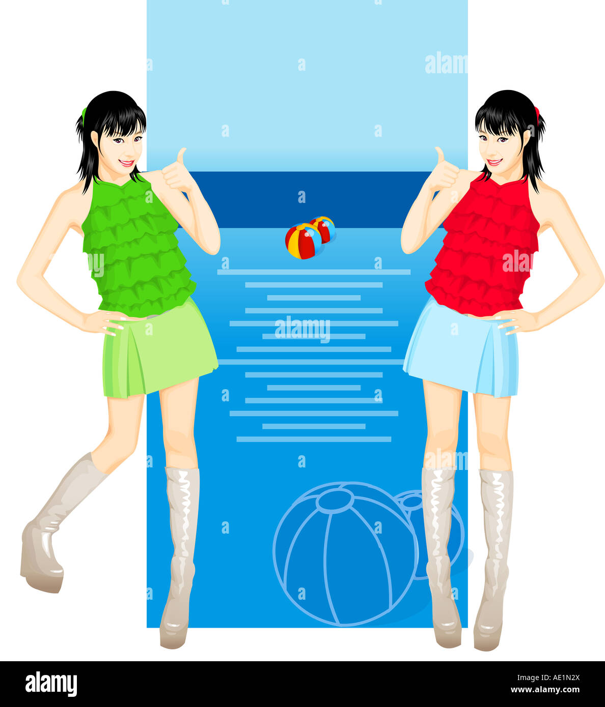 Portrait of two women standing in front of a poster and smiling Stock ...