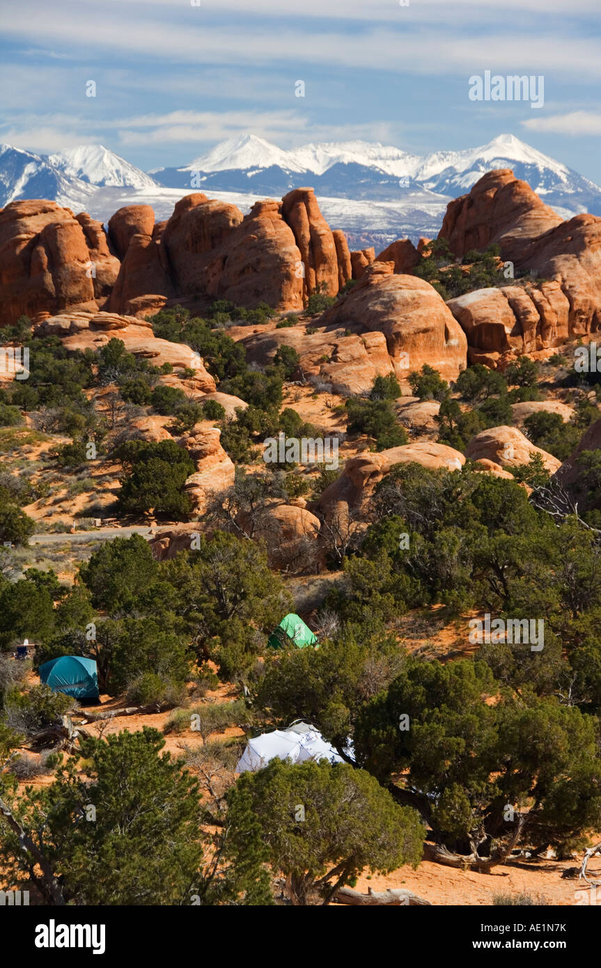 USA Utah Arches National Park snow capped mountains of Manti La Sal ...