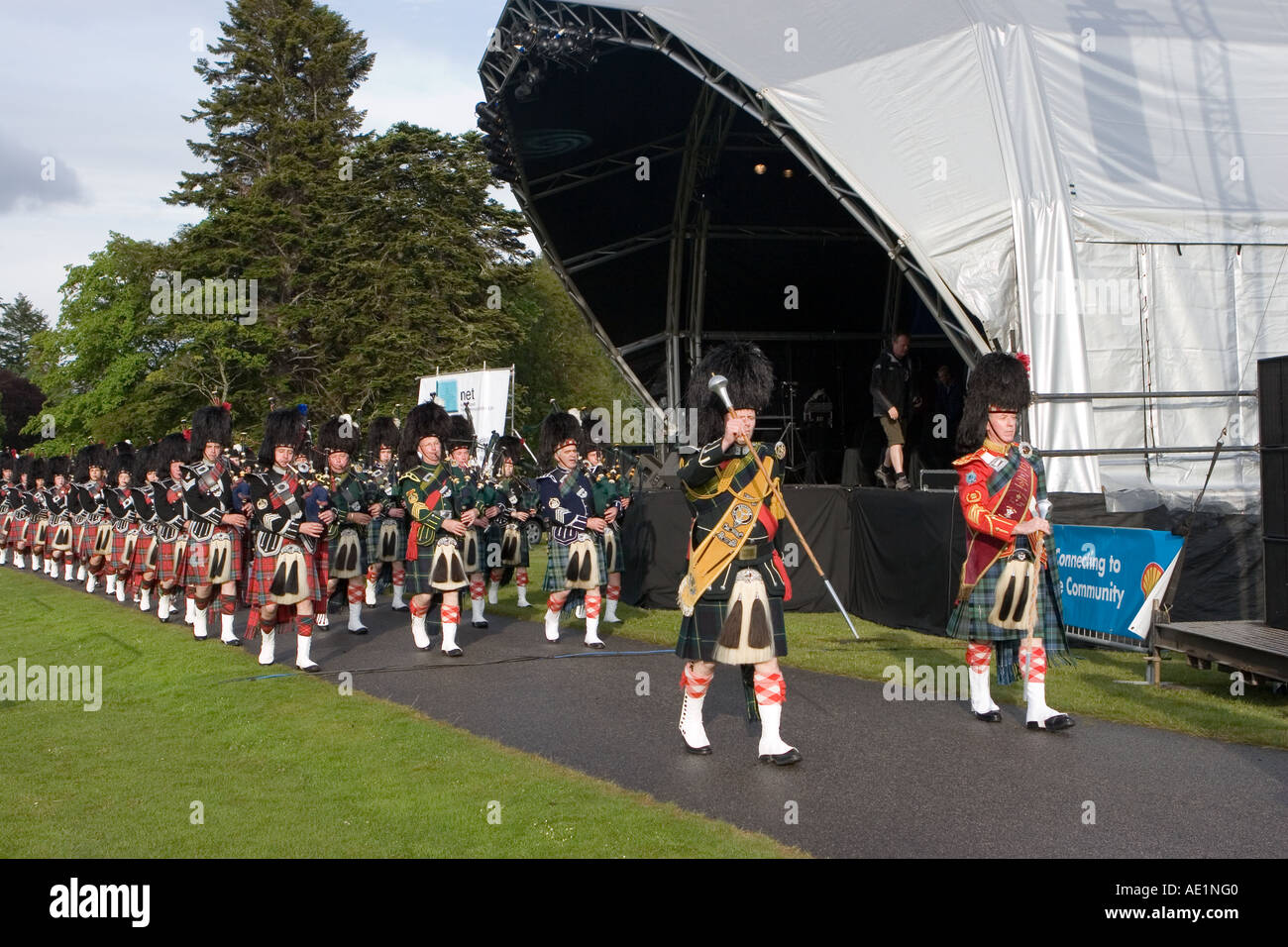 Performance of the Ballater Scottish Pipe marching musicians band with ...