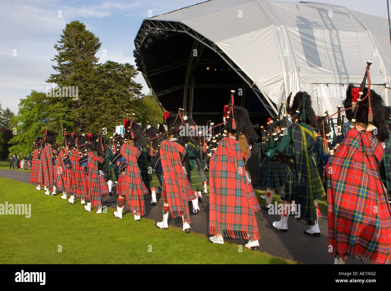 Performance of the Ballater Scottish Pipe marching musicians band with ...