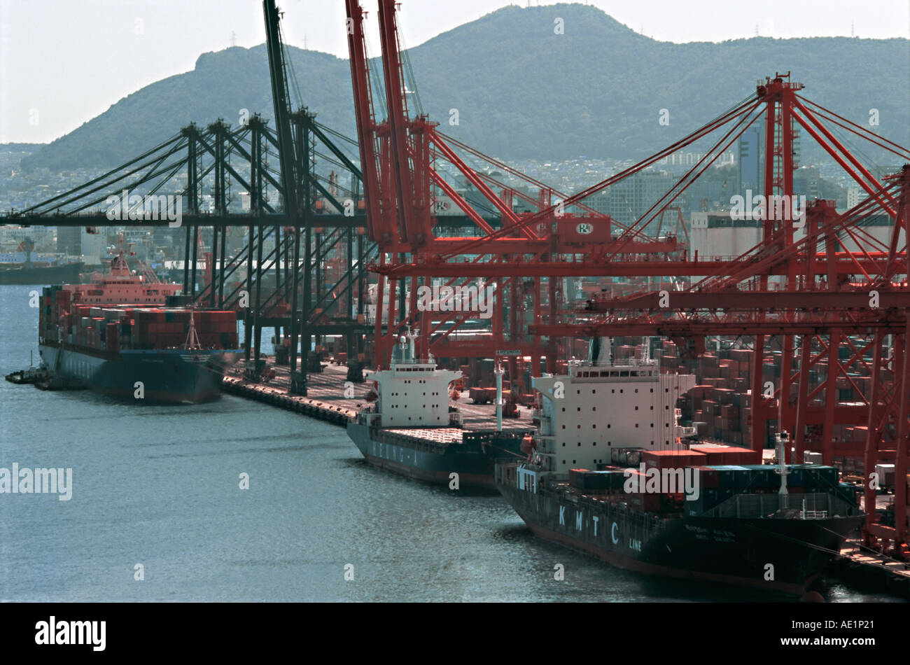 Cargo ships at the Container Terminal in the harbour of Busan South ...