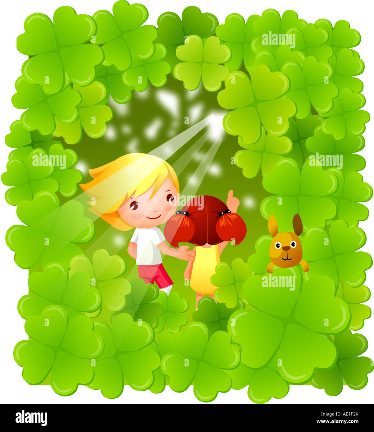 Rear view of a girl pointing forward with a boy standing beside her ...