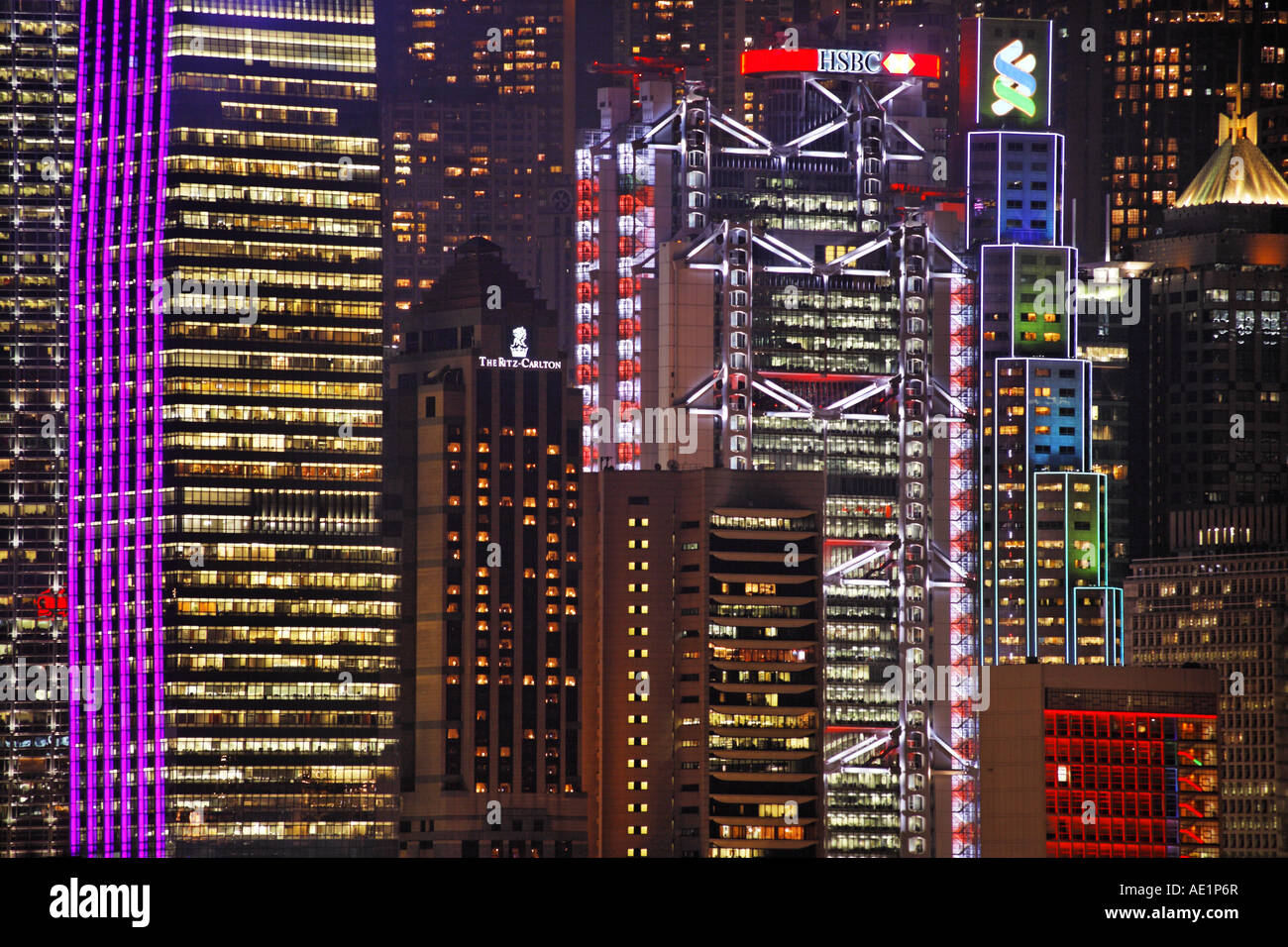Lighted skyscrapers in Hong Kong skyline Hong Kong SAR China Asia Stock ...