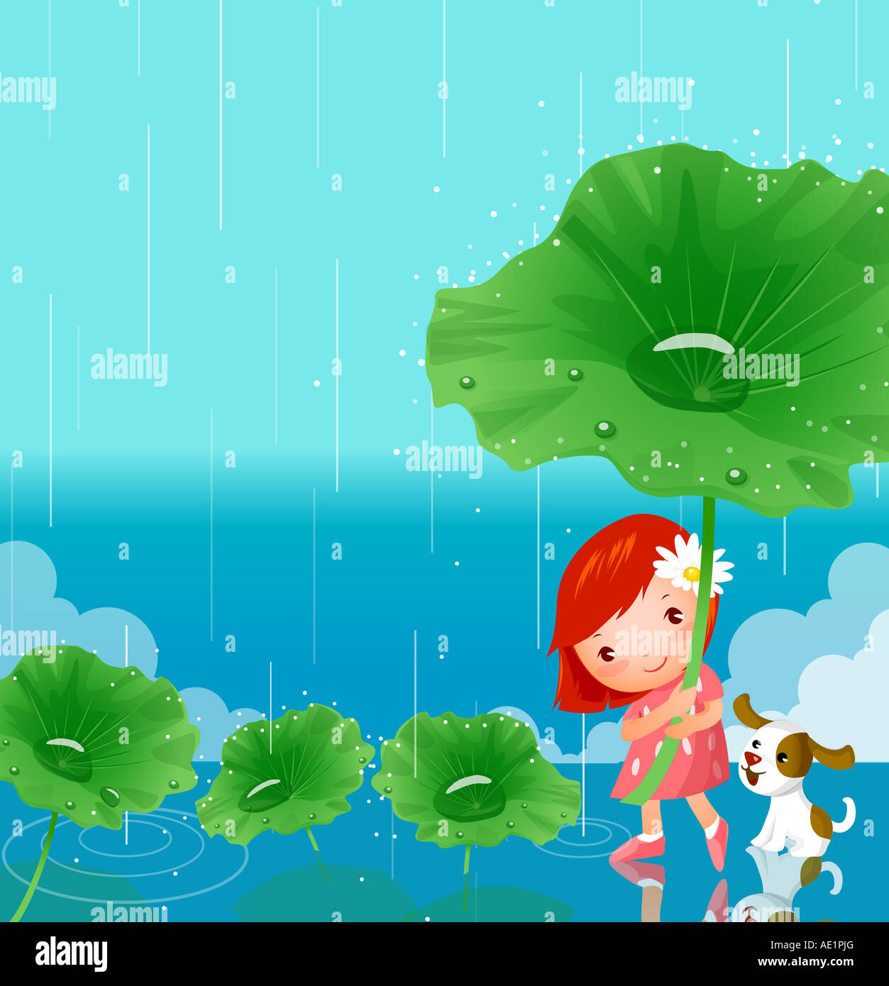 Girl holding a lily pad in the rain Stock Photo - Alamy