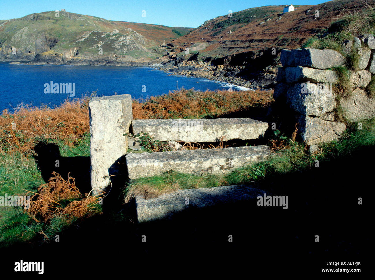 Old stone traditional steps along the coastal path near Porth Ledden ...