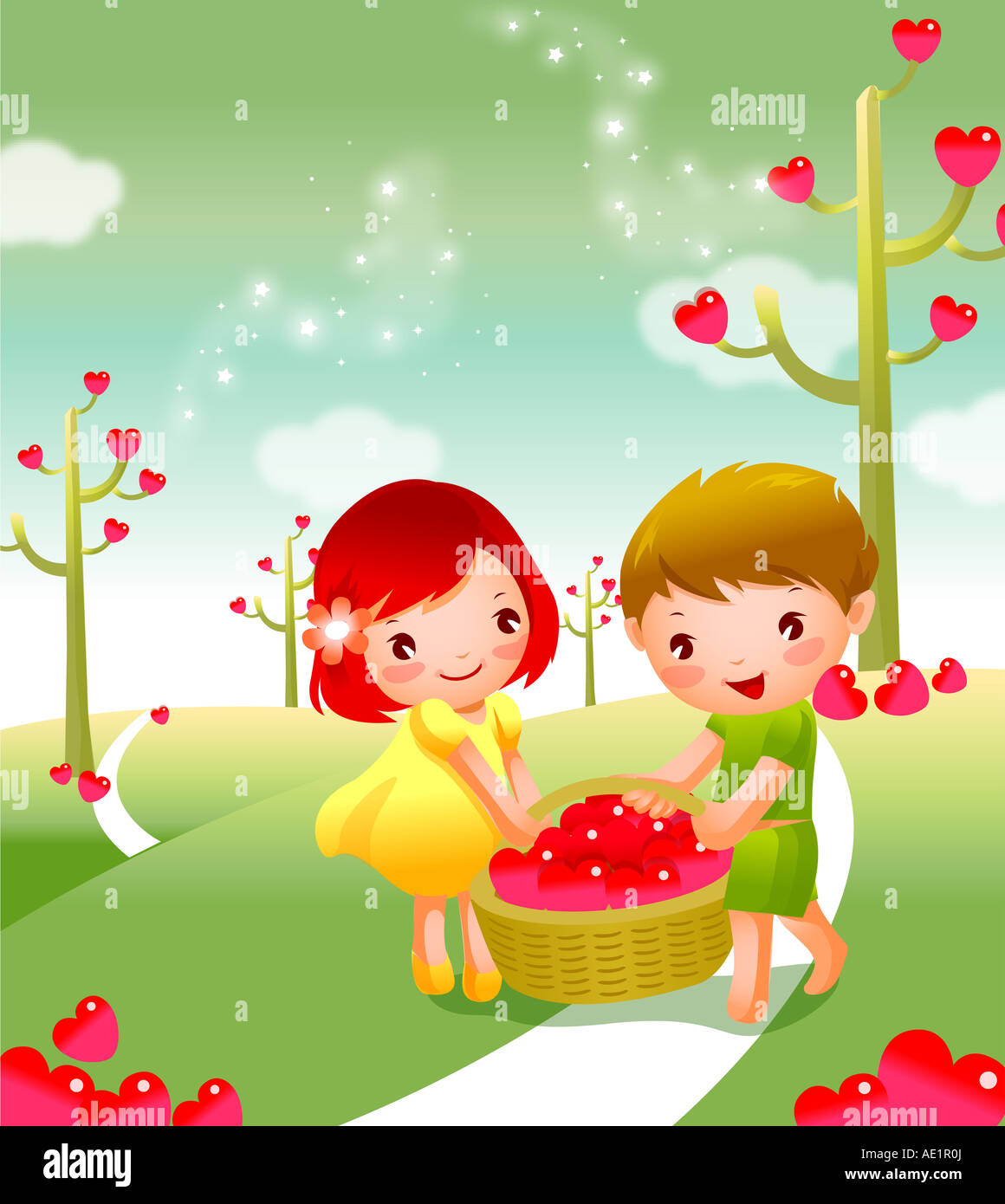 Girl and a boy carrying heart shape fruits in a basket Stock Photo - Alamy