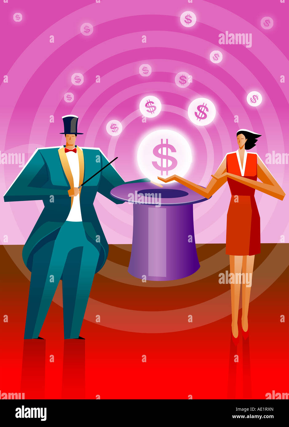 Magician performing on the stage with his assistant helping him Stock ...