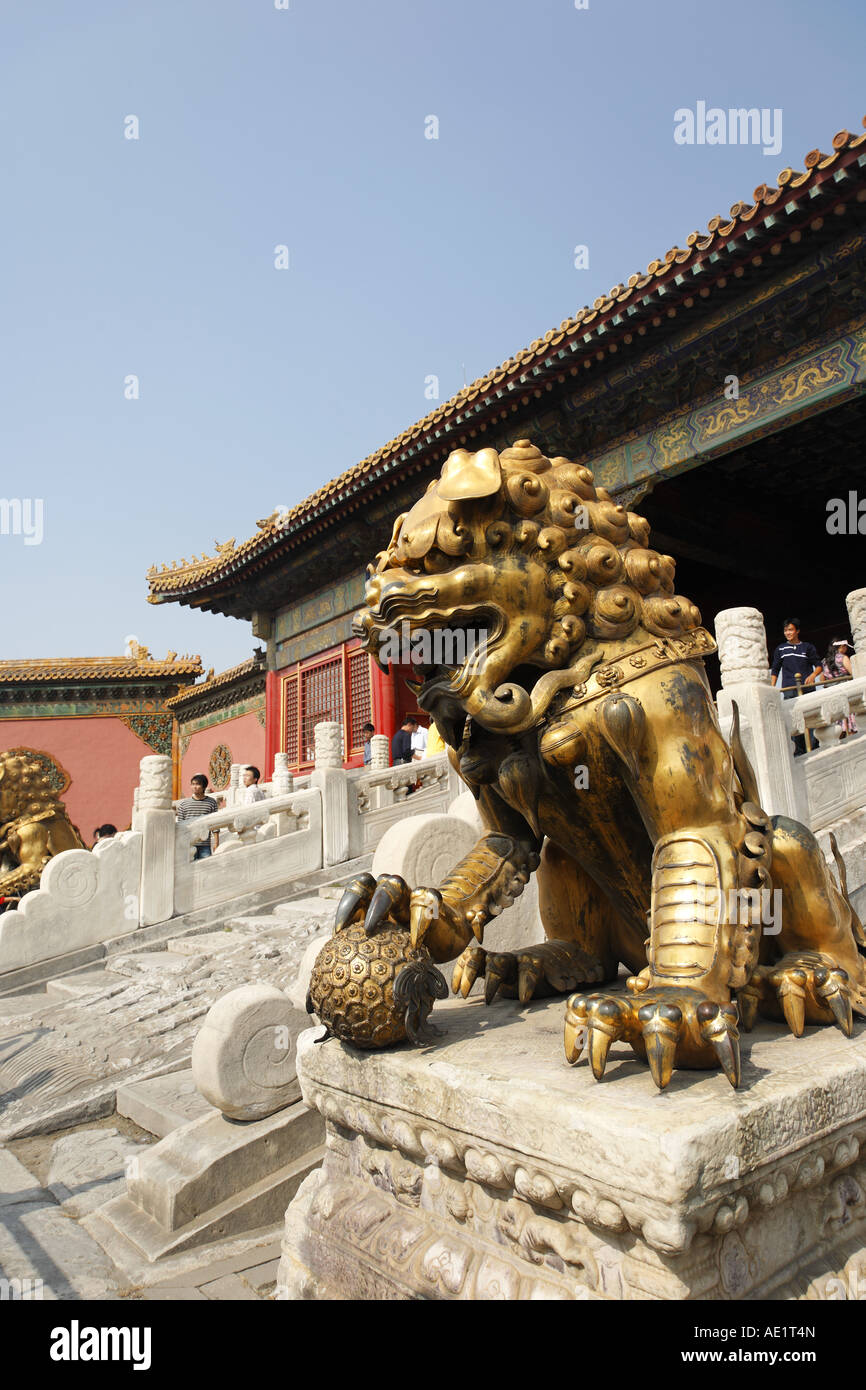 Lion guarding gate in Forbidden City Beijing China Asia Stock Photo - Alamy