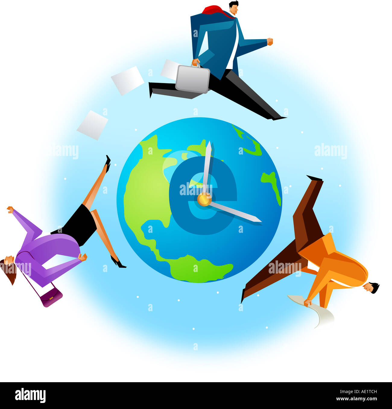 Three business executives running around the earth Stock Photo - Alamy