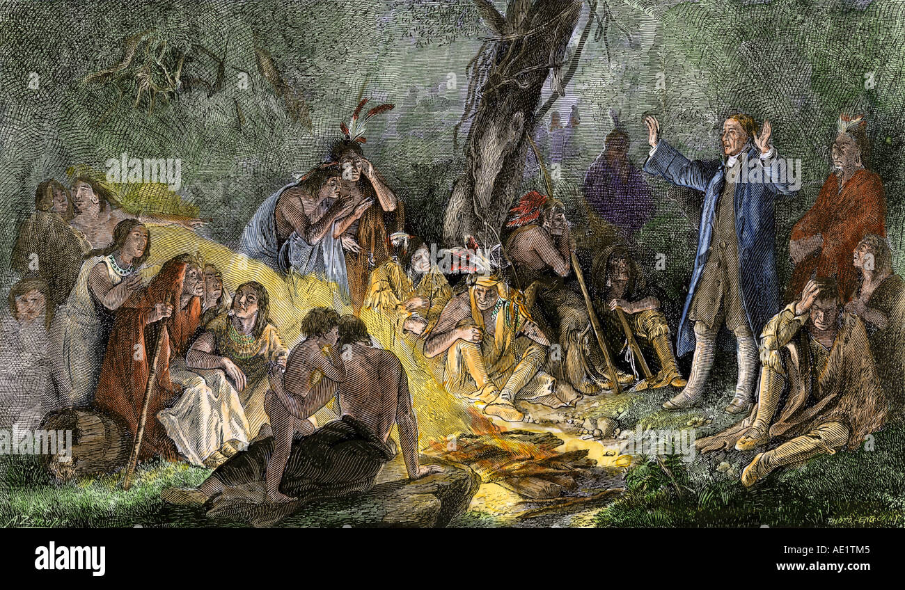 Moravian missionary David Zeisberger preaching to the Indians in the ...