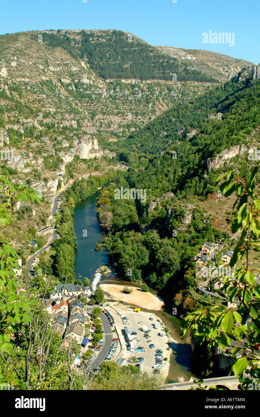 The Tarn Gorge looking down to Ste Enimie and the Tarn river Stock ...
