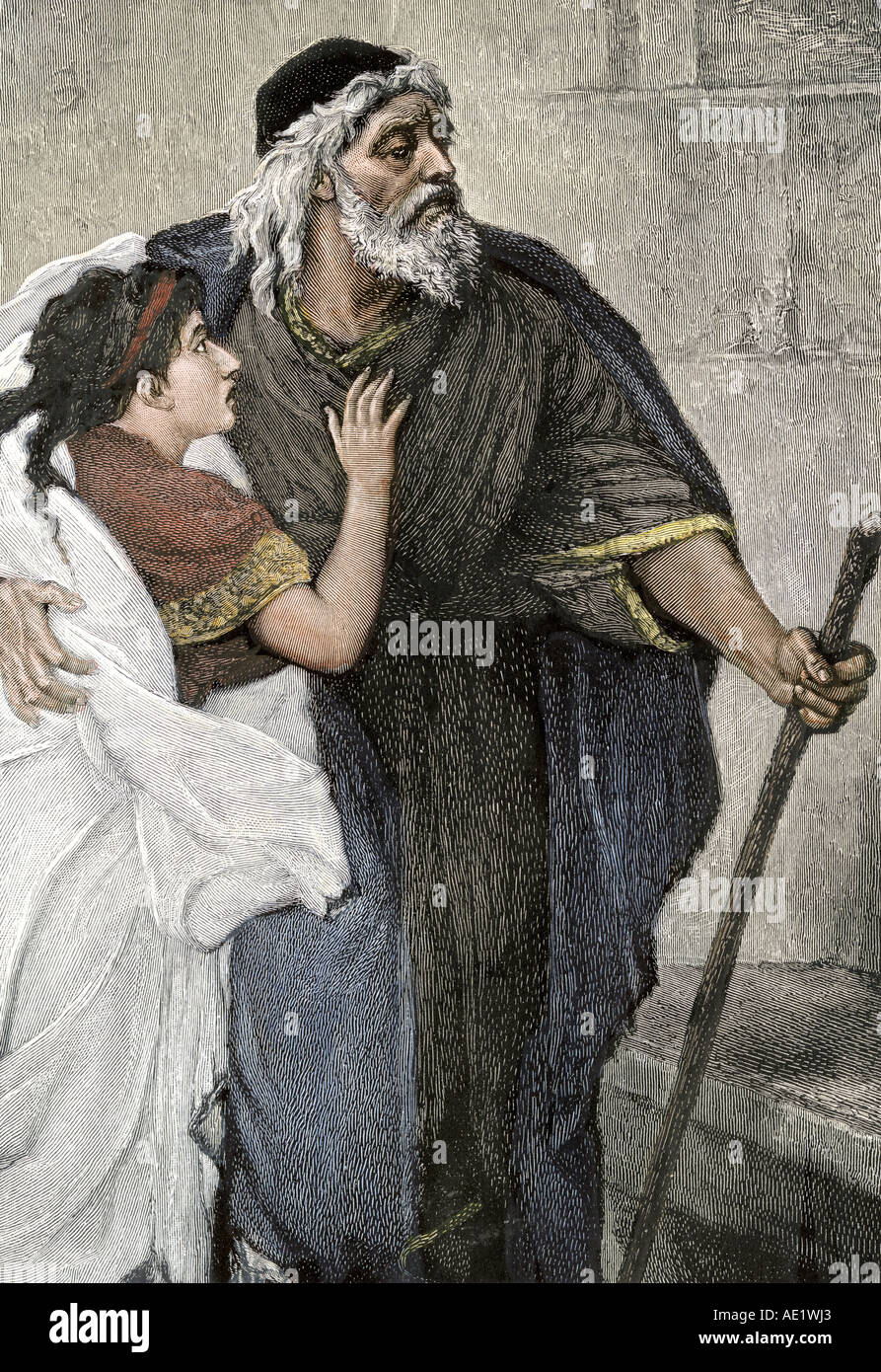 Father walking with a cane aided by his daughter. Hand-colored woodcut ...