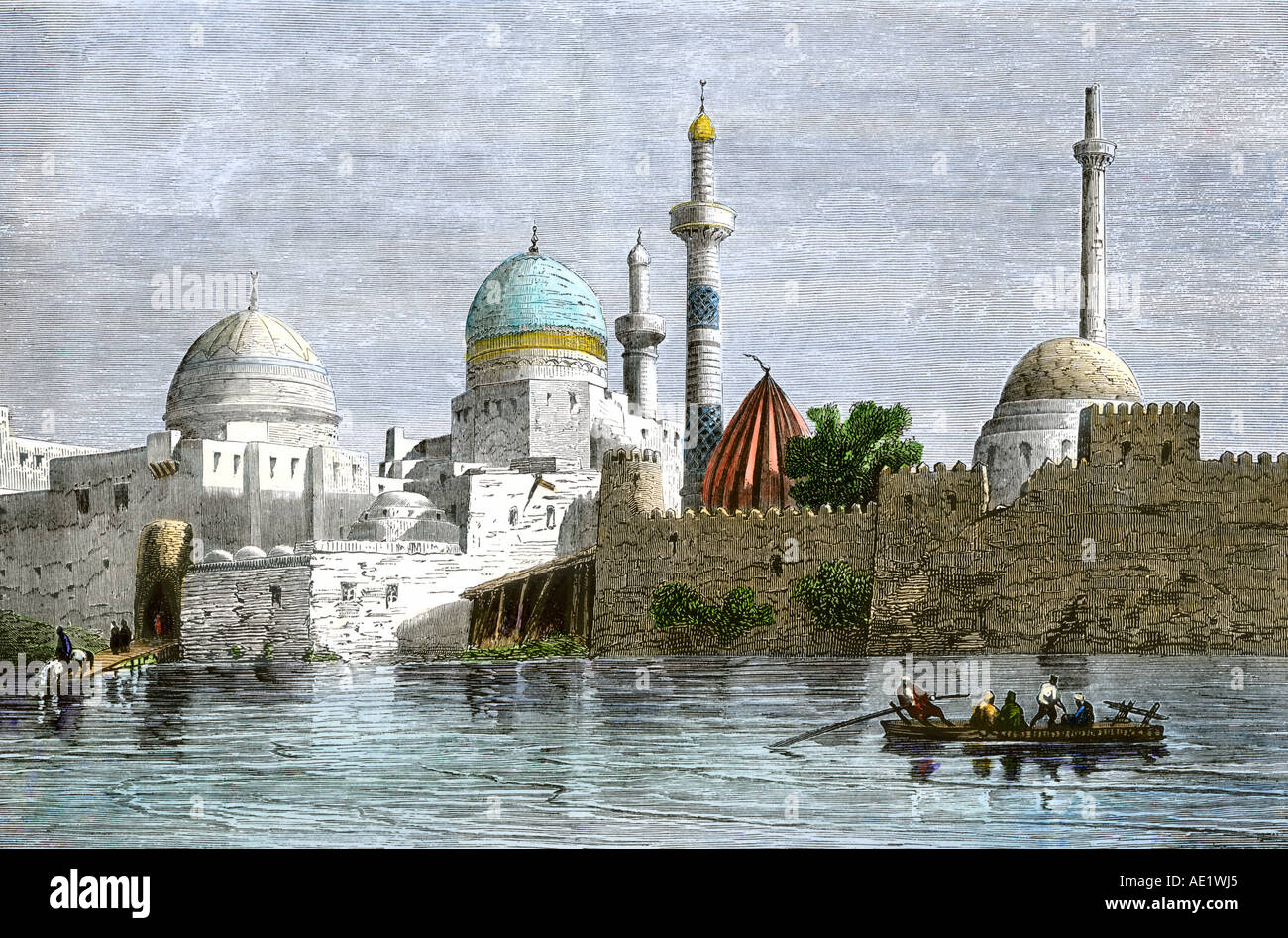 View of Mosul Iraq from the Tigris 1800s. Hand-colored woodcut Stock ...