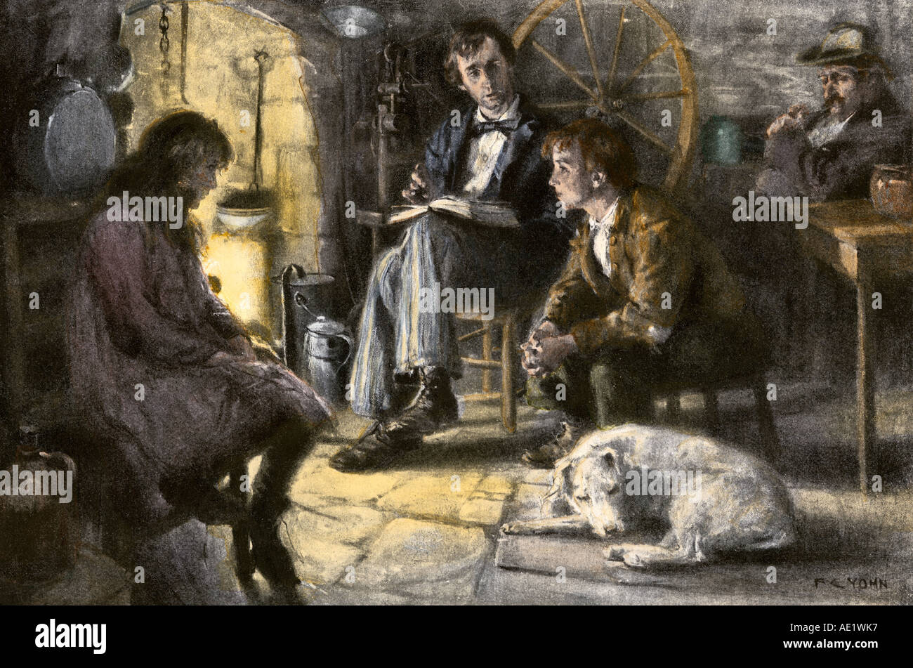 Frontier father reading to his children by firelight 1800s. Hand ...