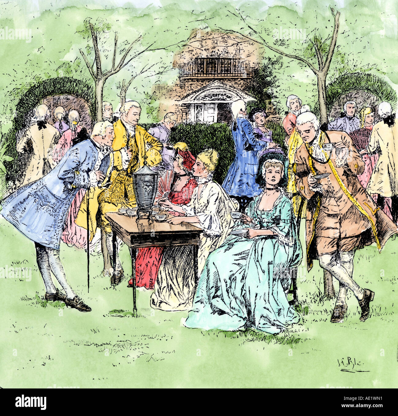 Outdoor tea party in colonial New England 1700s. Hand-colored woodcut ...