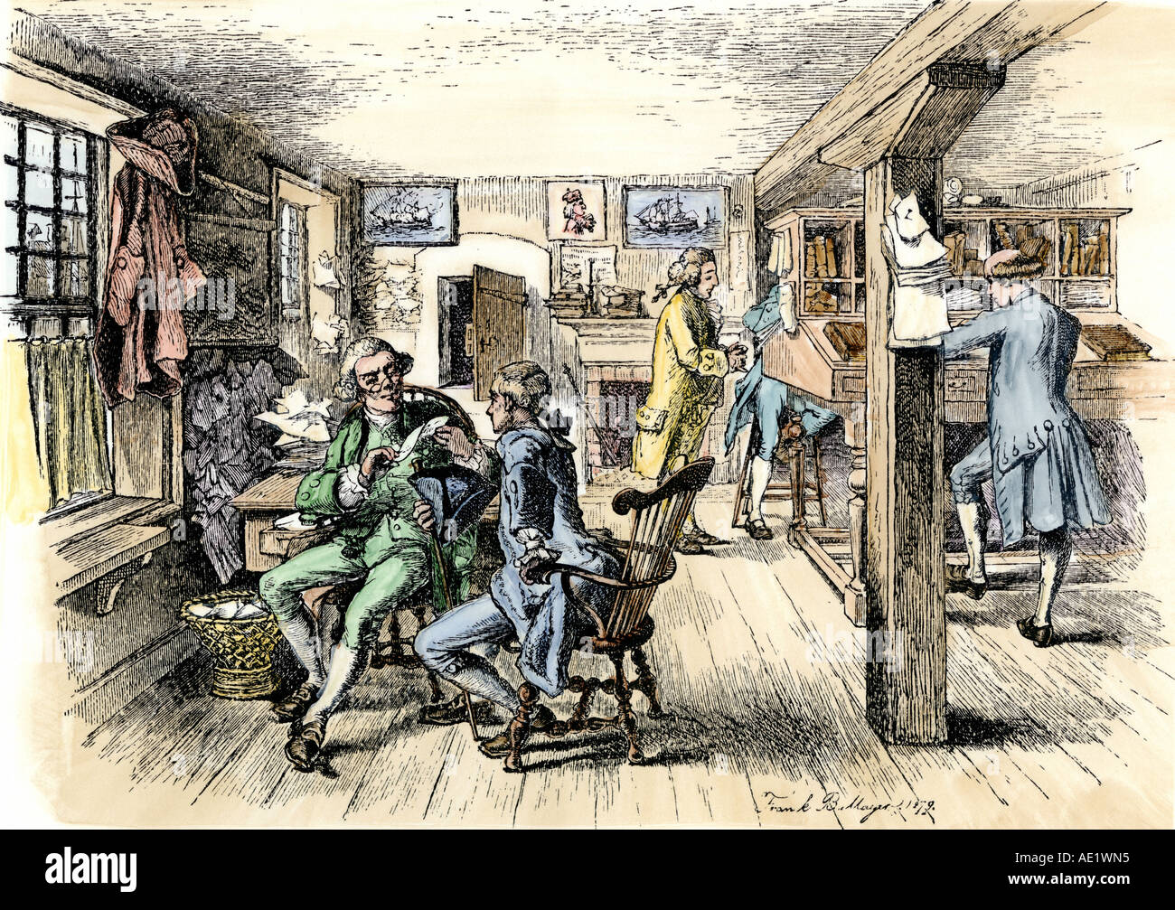Counting room of a colonial shipping business. Hand-colored woodcut ...