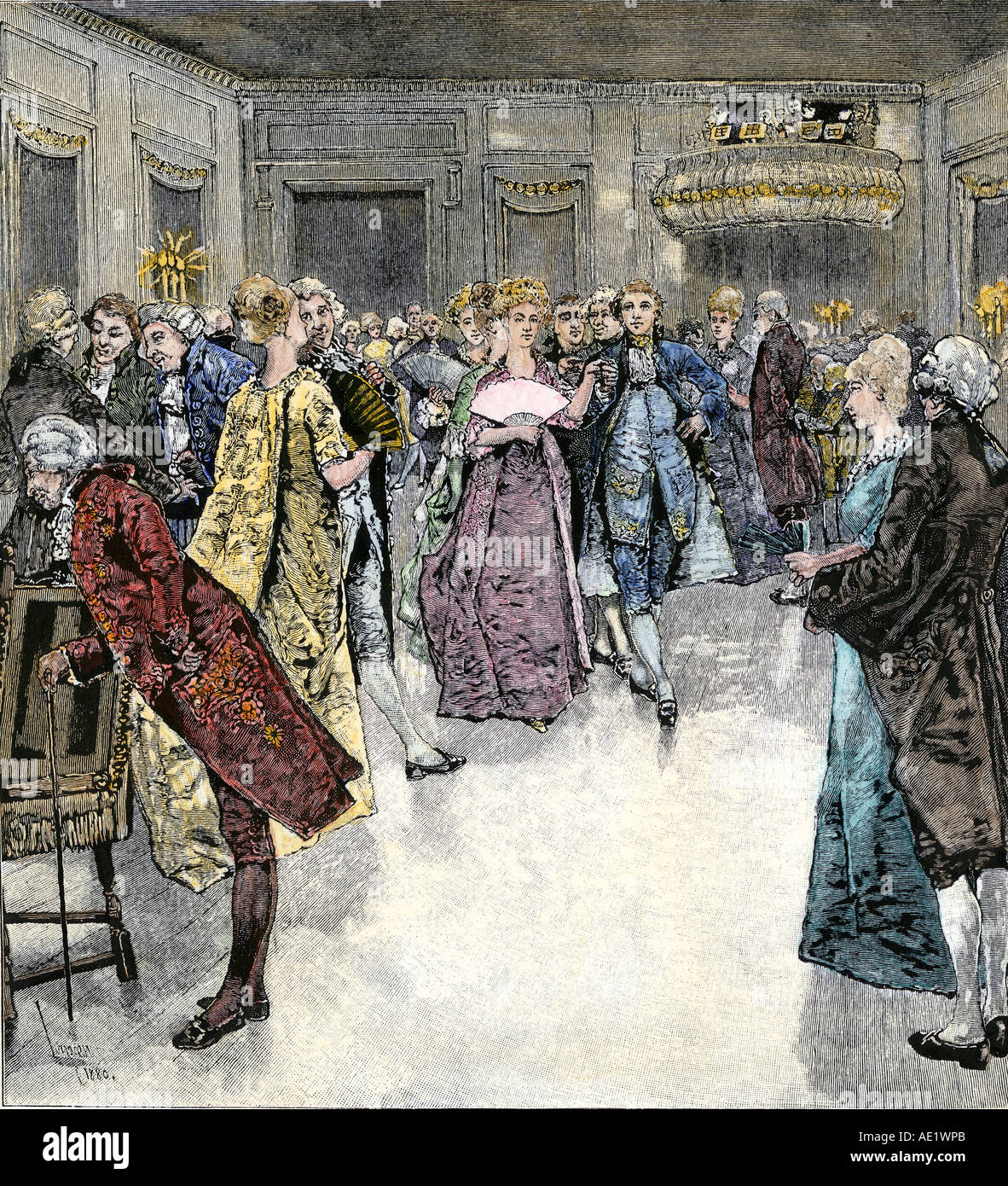 Colonial couples enjoying a Birthnight Ball in Virginia 1700s. Hand ...