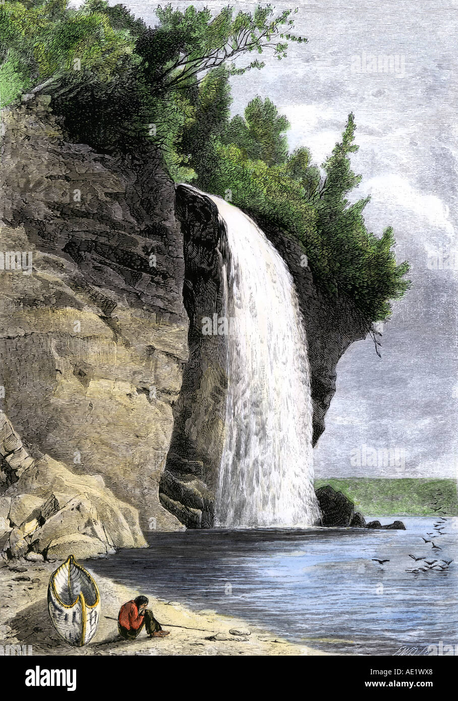 Native American and his canoe on shore of Lake Superior beside Cascade ...