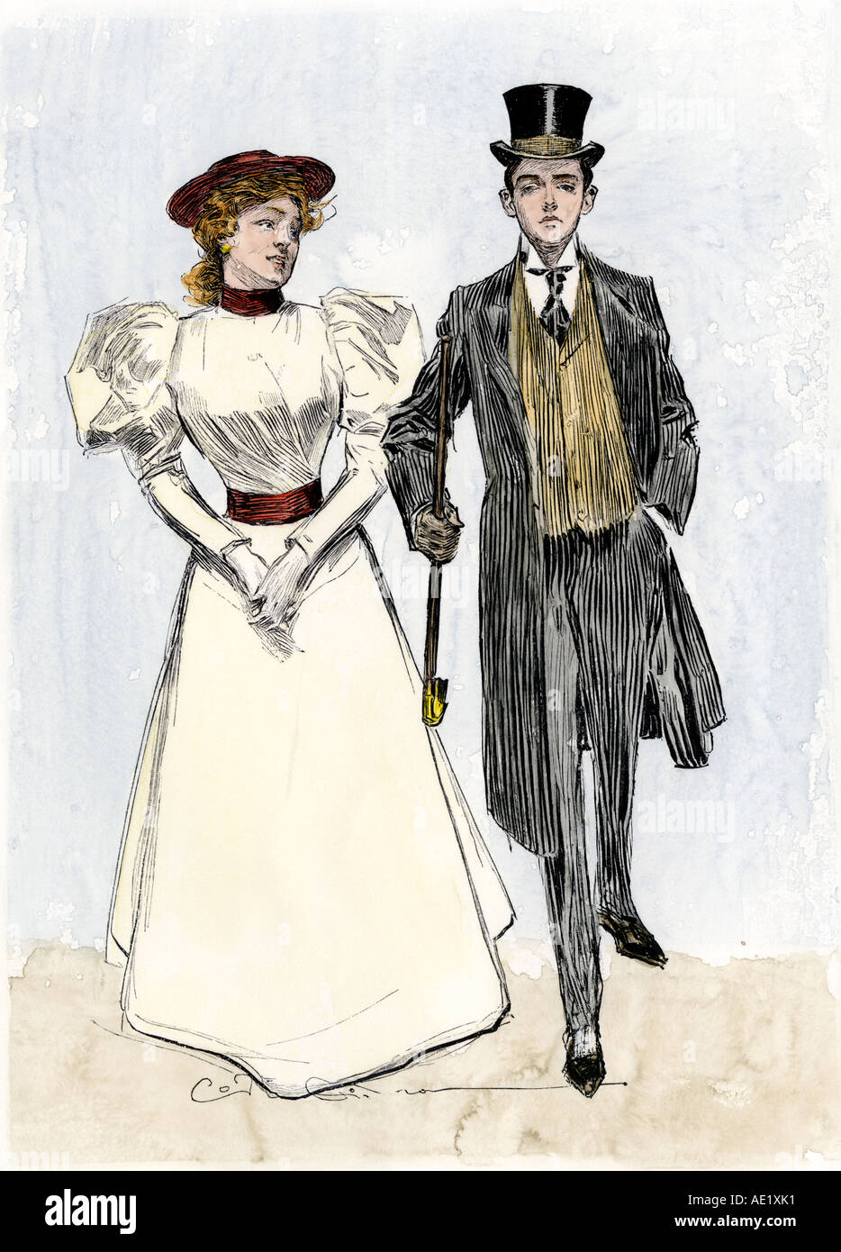 Fashionable young couple in the1890s. Hand-colored woodcut of a Charles ...