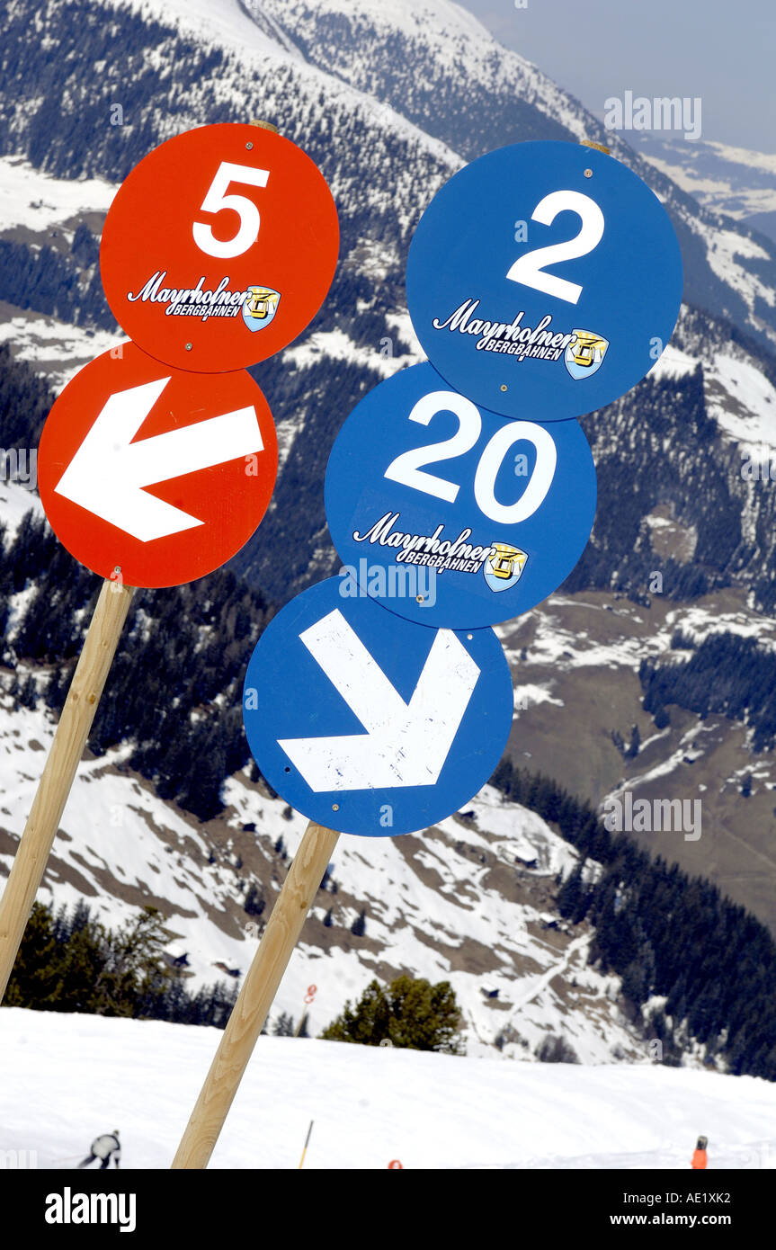 Ski signs and ski runs at the alpine resort of Mayerhofen, Austria ...