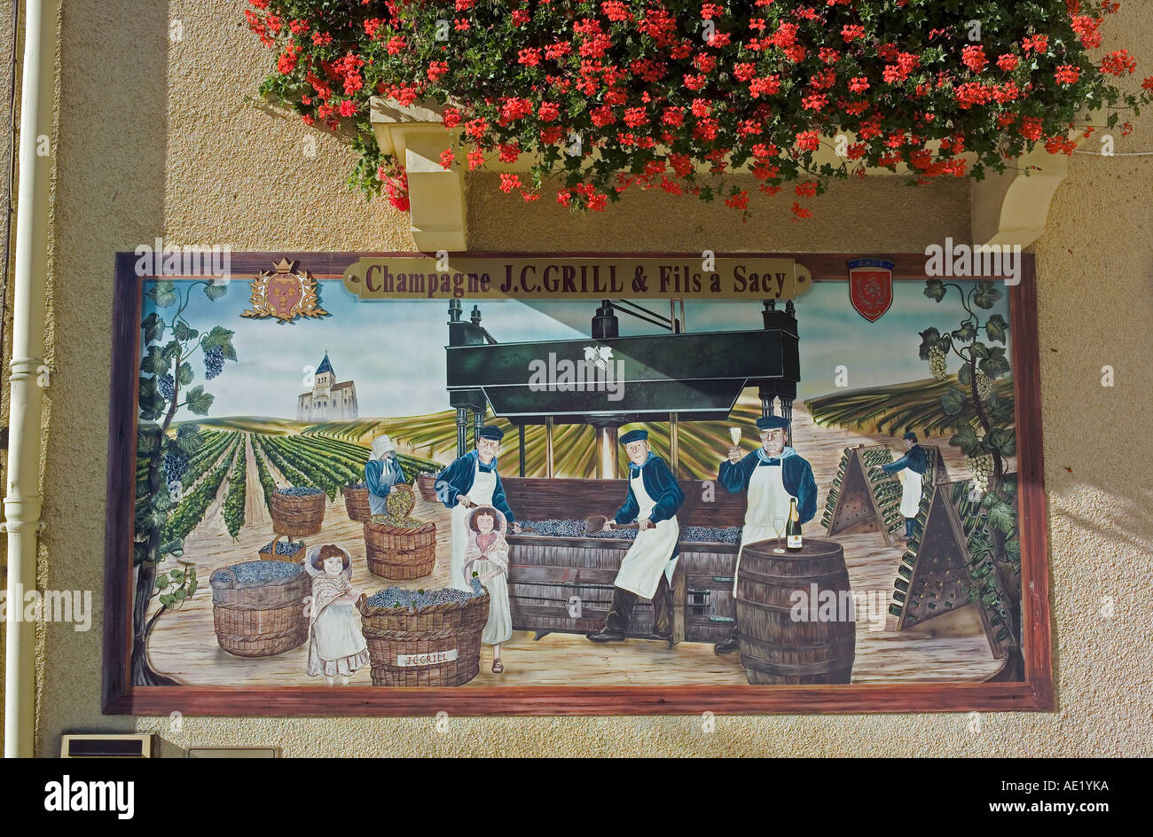 Fresco depicting grape harvest, red geranium flowers, Sacy, Montagne de ...