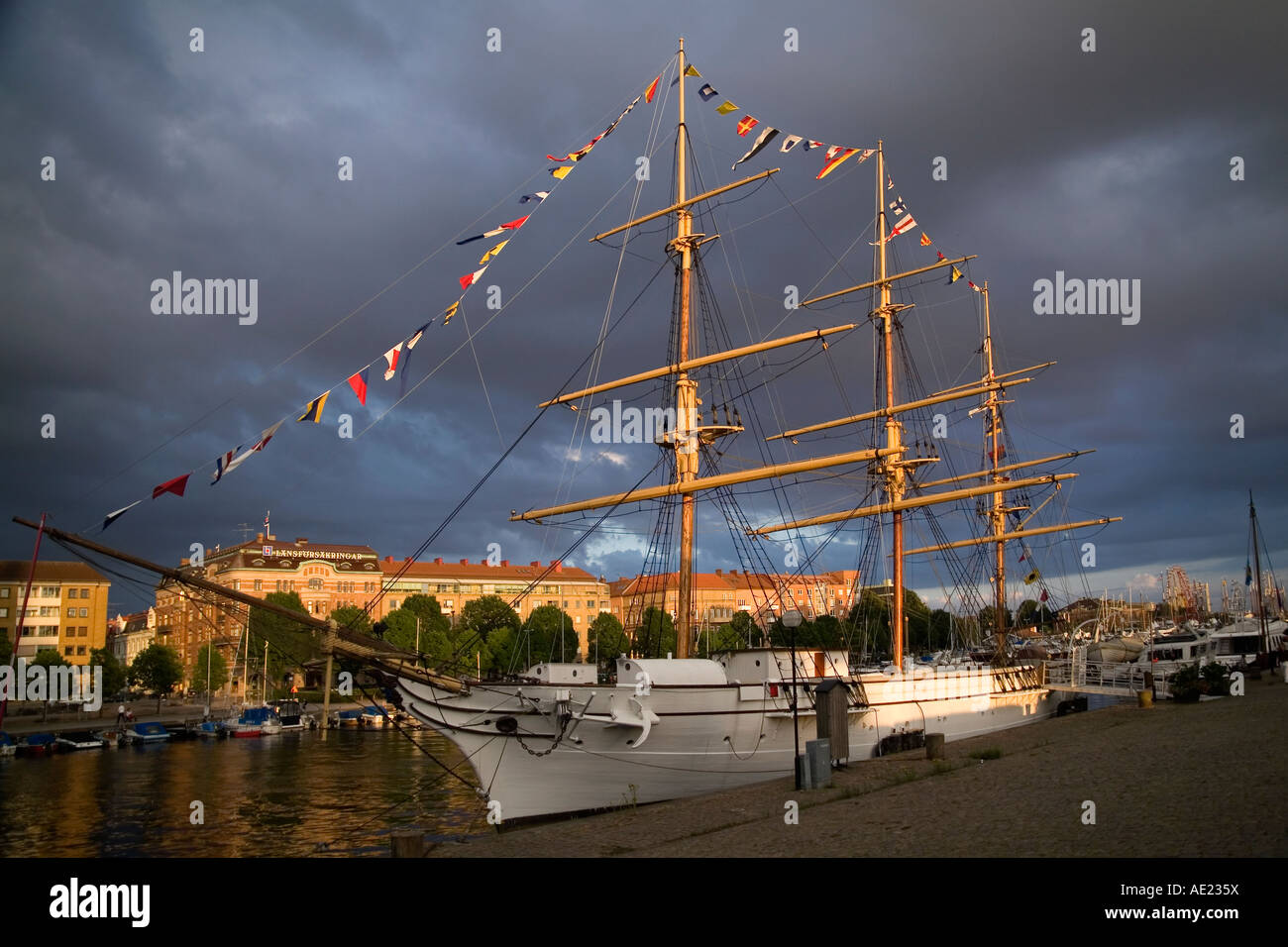 The harbor front Halmstad Sweden The sailing ship in the forefront is ...