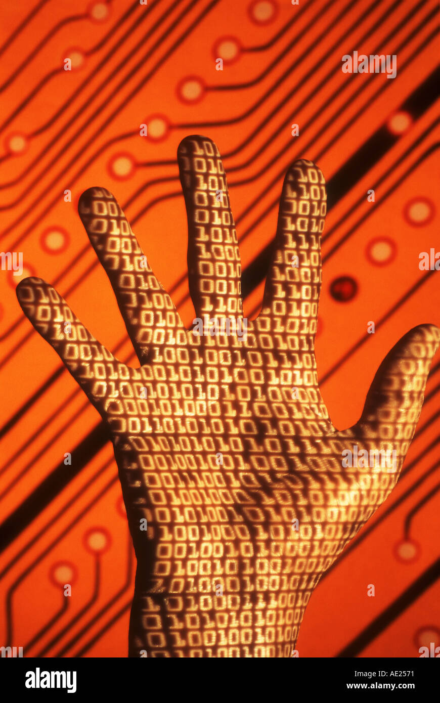 binary code projected on hand in front of circuit board abstract Stock ...