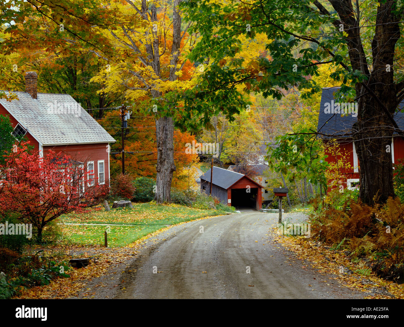 village in Vermont USA with covered bridge and fall foliage Stock Photo ...